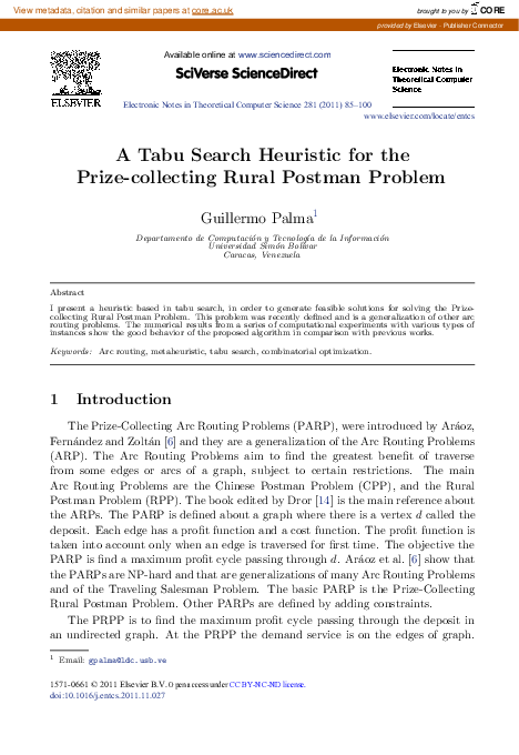 (PDF) A Tabu Search Heuristic for the Prize-collecting Rural Postman Problem
