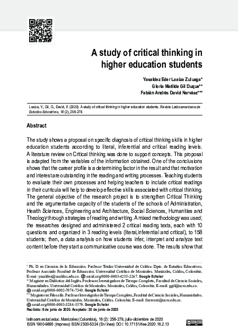 (PDF) A study of critical thinking in higher education students