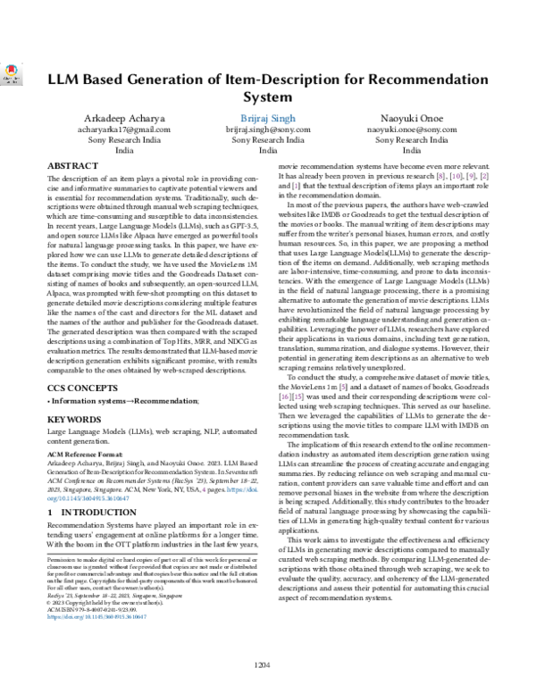 (PDF) LLM Based Generation of Item-Description for Recommendation System