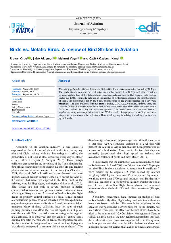 (PDF) Birds vs. Metalic Birds: A review of Bird Strikes in Aviation