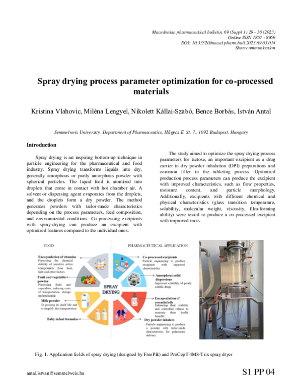 Pdf Spray Drying Process Parameter Optimization For Co Processed Materials Miléna Lengyel