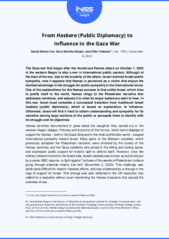 (PDF) From Hasbara (Public Diplomacy) to Influence in the Gaza War