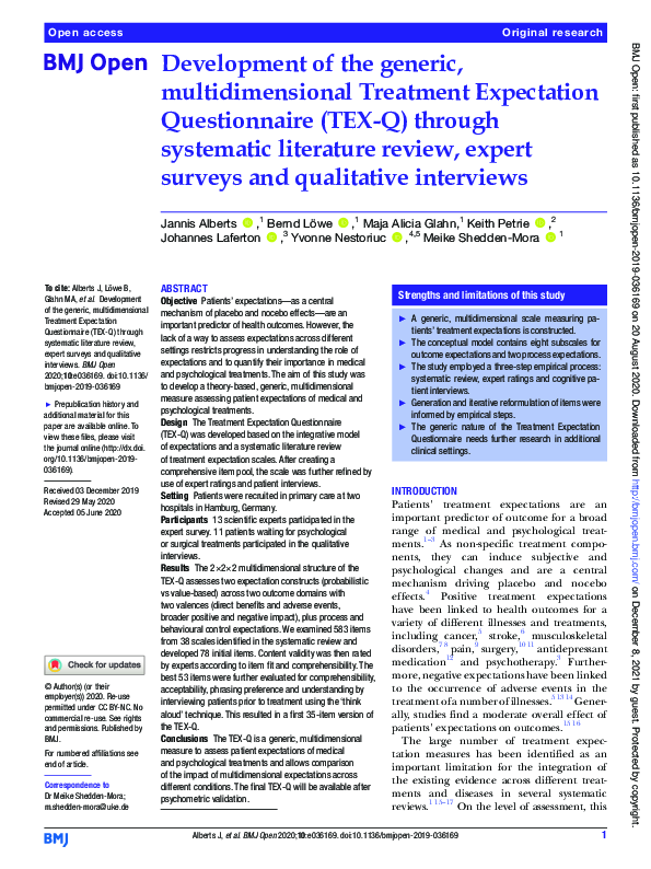 (PDF) Development of the generic, multidimensional Treatment Expectation Questionnaire (TEX-Q ...