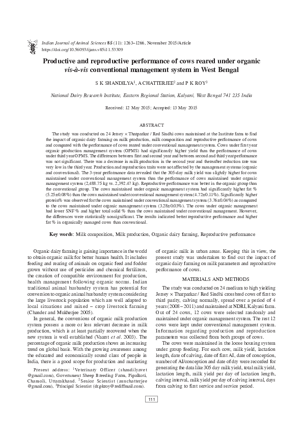 (PDF) Productive and reproductive performance of cows reared under organic vis-à-vis ...