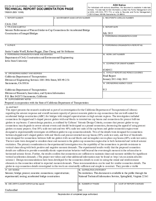 (PDF) Seismic Performance of Precast Girder-to-Cap Connections for ...