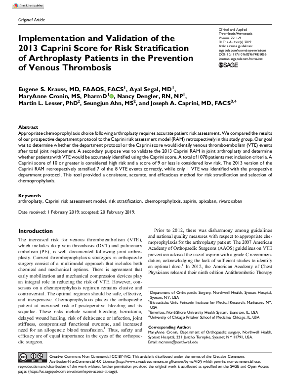 (PDF) Implementation and Validation of the 2013 Caprini Score for Risk ...