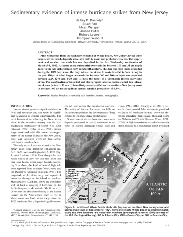 (PDF) Sedimentary evidence of intense hurricane strikes from New Jersey