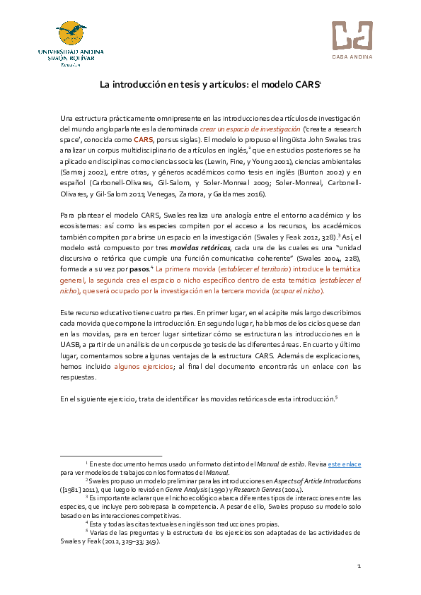(PDF) La introducción en tesis y artículos: el modelo CARS