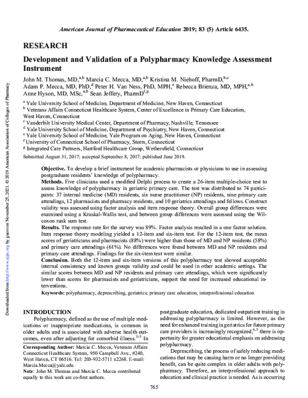 (PDF) Development and Validation of a Polypharmacy Knowledge Assessment Instrument