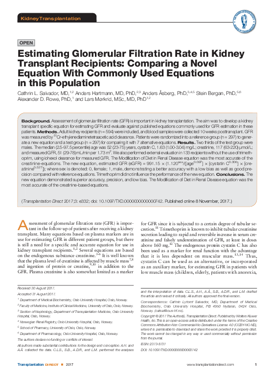 (PDF) Estimating Glomerular Filtration Rate in Kidney Transplant ...
