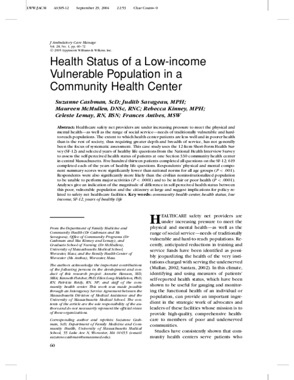 (PDF) Health Status of a Low-income Vulnerable Population in a ...