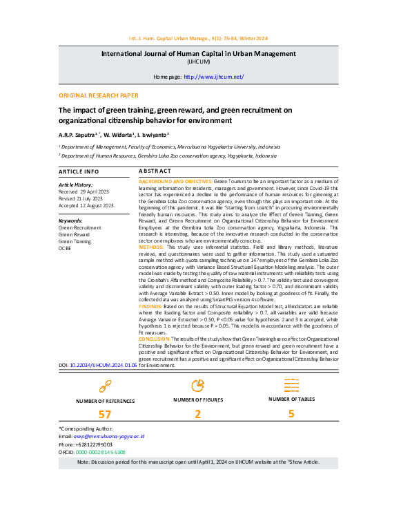 (PDF) The impact of green training, green reward, and green recruitment on organizational ...