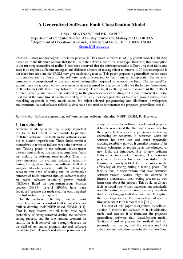 Pdf A Generalized Software Fault Classification Model