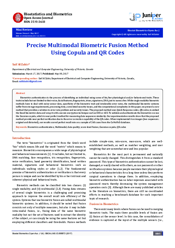 (PDF) Precise Multimodal Biometric Fusion Method Using Copula and QR Codes
