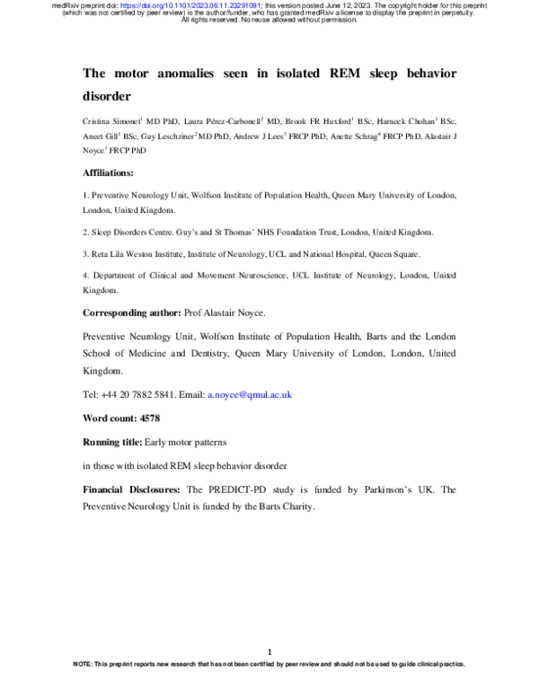 (PDF) The motor anomalies seen in isolated REM sleep behavior disorder
