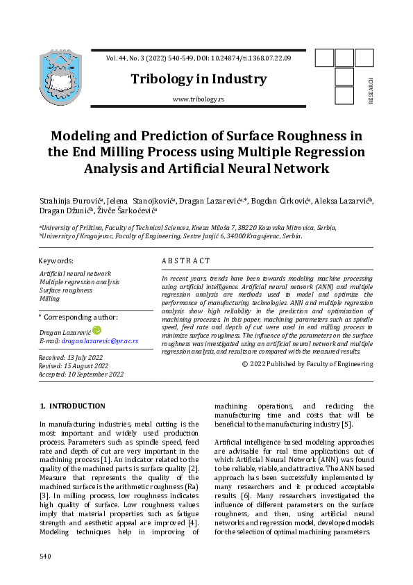Pdf Modeling And Prediction Of Surface Roughness In The End Milling Process Using Multiple