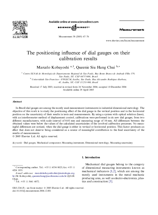 (PDF) The positioning influence of dial gauges on their calibration results