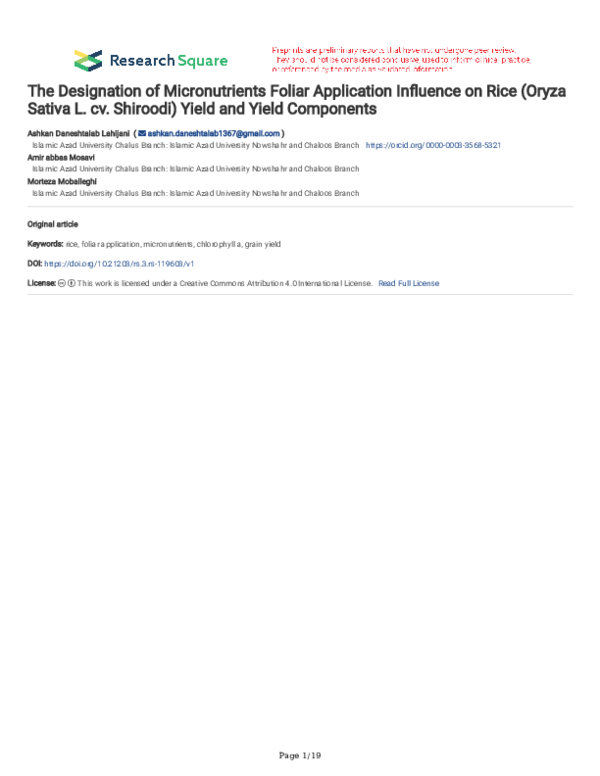 (PDF) The Designation of Micronutrients Foliar Application Influence on Rice (Oryza Sativa L. cv ...