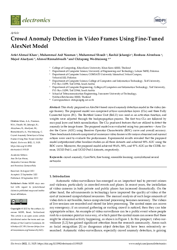 Pdf Crowd Anomaly Detection In Video Frames Using Fine Tuned Alexnet