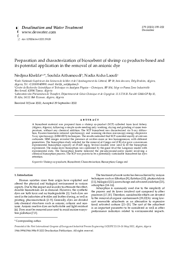 (PDF) Preparation and characterization of biosorbent of shrimp co products-based and its ...