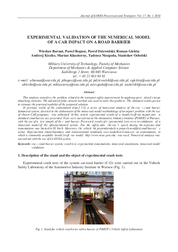 (PDF) Experimental Validation of the Numerical Model of a Car Impact on a Road Barrier