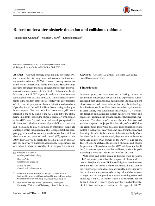 Pdf Robust Underwater Obstacle Detection And Collision Avoidance Edmund Brekke