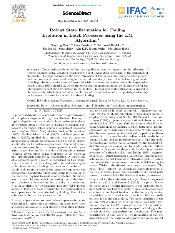 (PDF) Robust State Estimation for Fouling Evolution in Batch Processes using the EM Algorithm