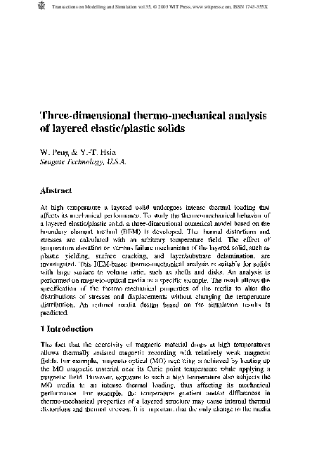 (PDF) Three-dimensional Thermo-mechanical Analysis OfLayered Elastic/plastic Solids