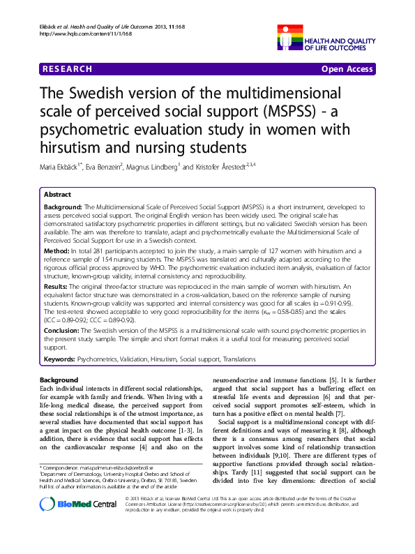 (PDF) The Swedish version of the multidimensional scale of perceived social support (MSPSS) - a ...
