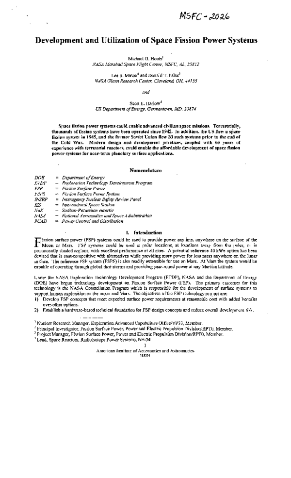 (PDF) Development and Utilization of Space Fission Power Systems