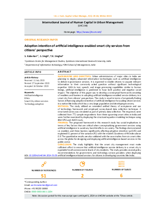 (PDF) Adoption intention of artificial intelligence enabled smart city services from citizens ...