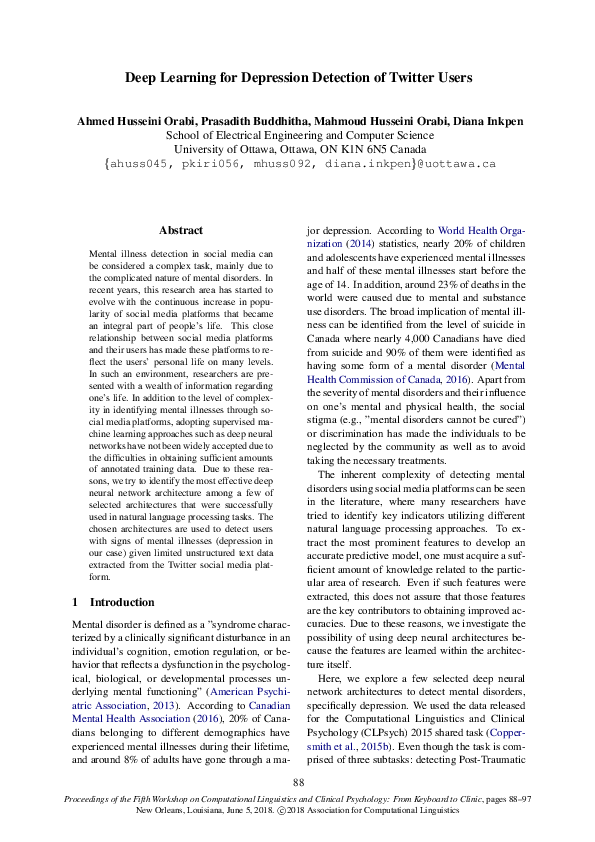 (PDF) Deep Learning for Depression Detection of Twitter Users