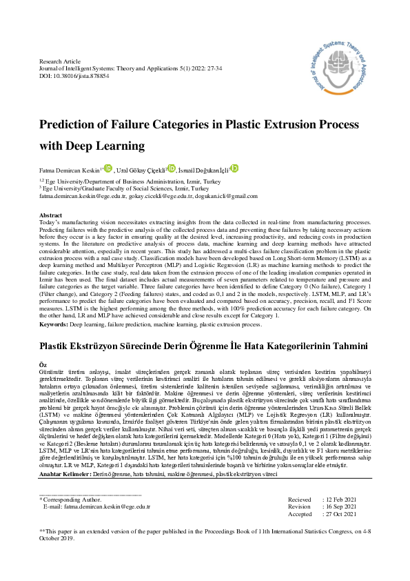 (PDF) Prediction of Failure Categories in Plastic Extrusion Process with Deep Learning