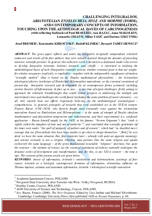 (PDF) Challenging integralism, Aristotelian entelecheia, hyle and morphe (form), and ...