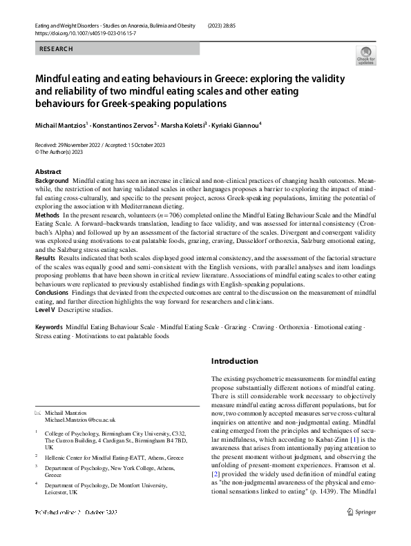 (PDF) Mindful eating and eating behaviours in Greece: exploring the validity and reliability of ...