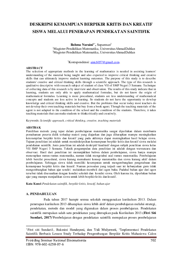 (PDF) Deskripsi Kemampuan Berpikir Kritis Dan Kreatif Siswa Melalui Penerapan Pendekatan Saintifik