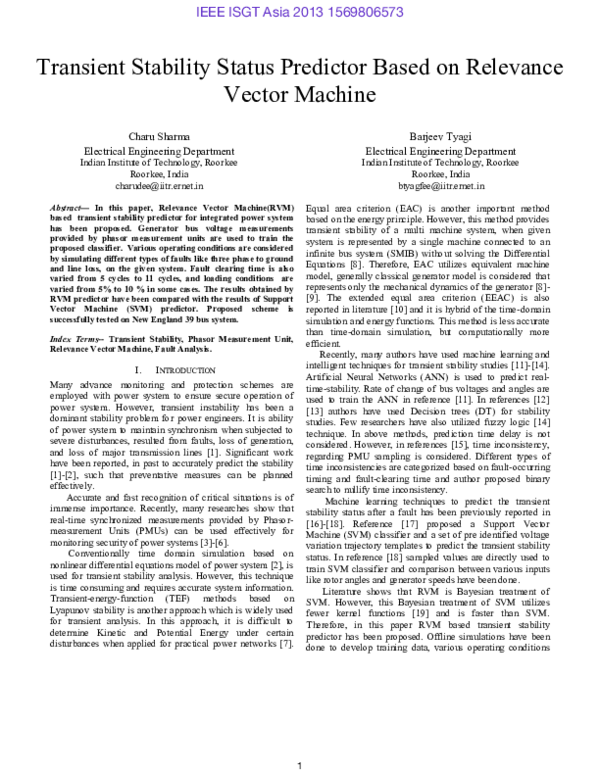 (PDF) Transient stability status predictor based on relevance vector machine