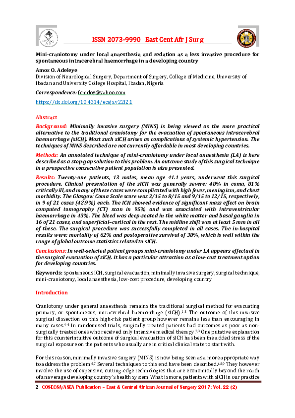 (PDF) Mini-craniotomy under local anaesthesia and sedation as a less ...