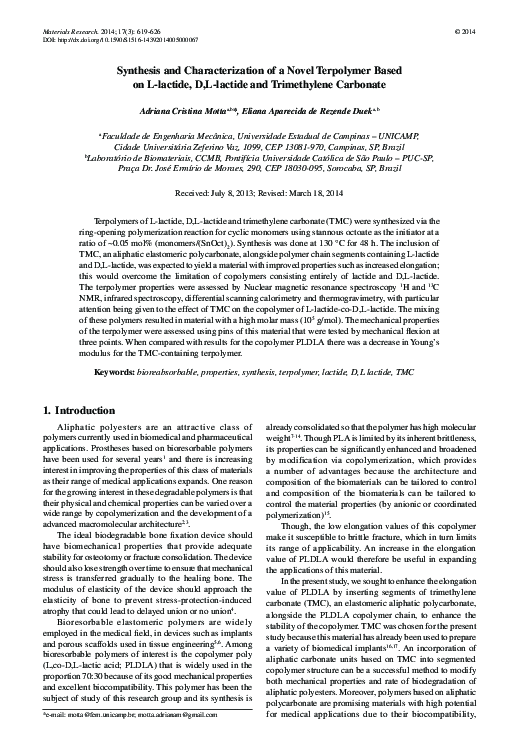 (PDF) Synthesis and characterization of a novel terpolymer based on L-lactide, D,L-lactide and ...