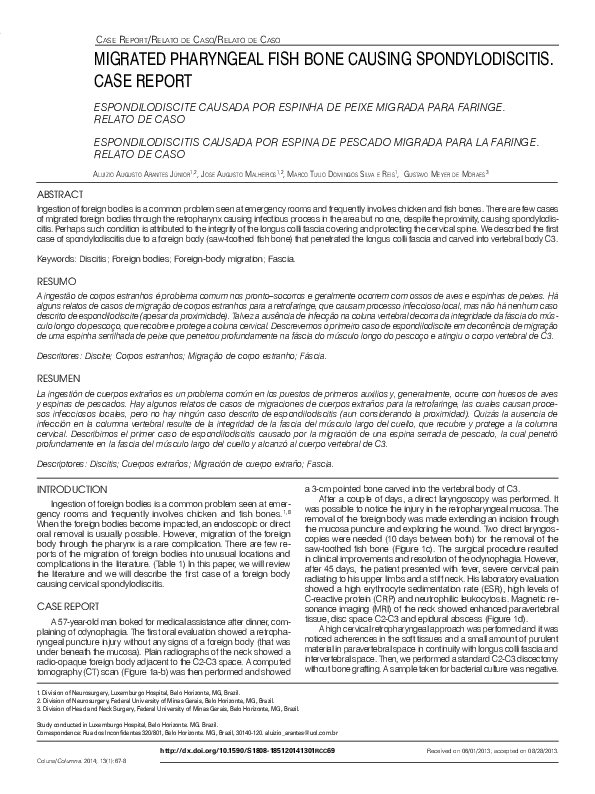 (PDF) Migrated pharyngeal fish bone causing spondylodiscitis. Case report