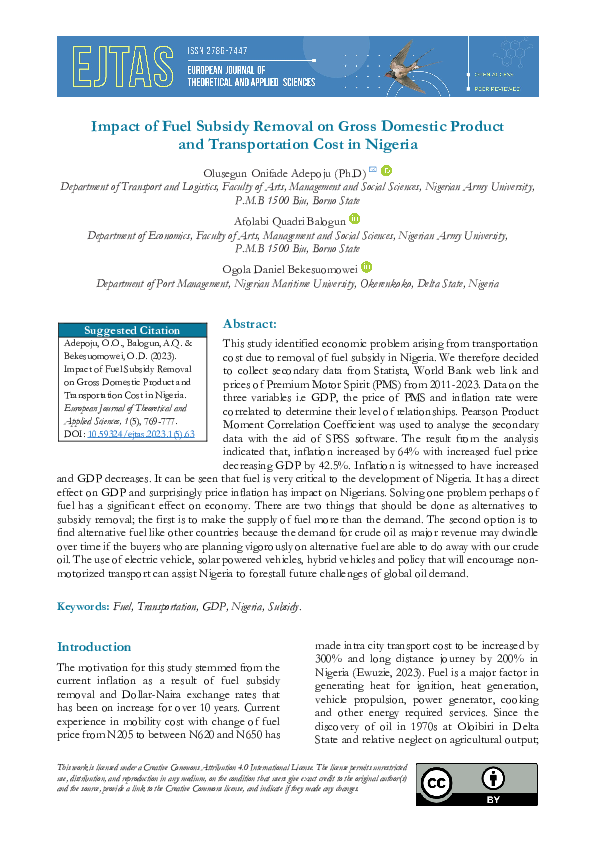 (PDF) Impact of Fuel Subsidy Removal on Gross Domestic Product and Transportation Cost in Nigeria