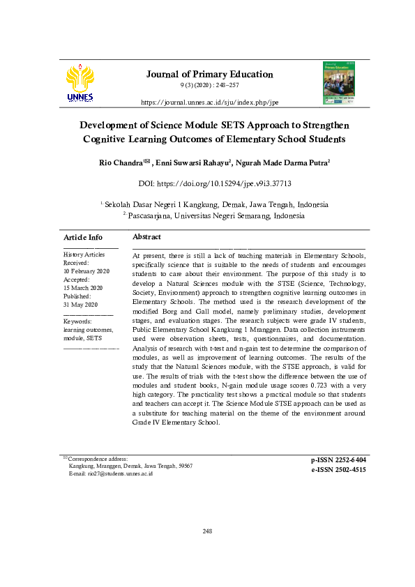 (PDF) Development of Science Module SETS Approach to Strengthen Cognitive Learning Outcomes of ...