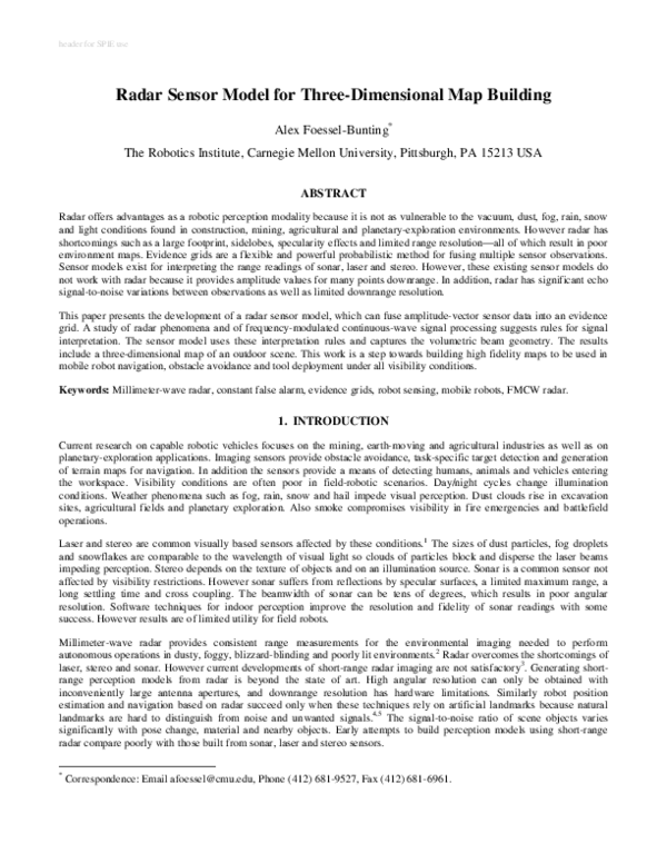 (PDF) Radar sensor model for three-dimensional map building | Alex Foessel - Academia.edu