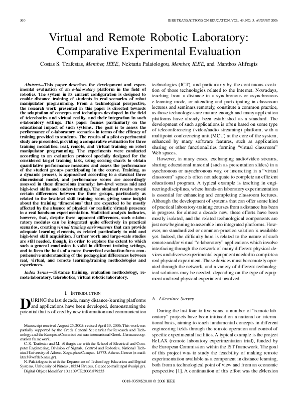(PDF) Virtual and Remote Robotic Laboratory: Comparative Experimental Evaluation | Nektaria ...
