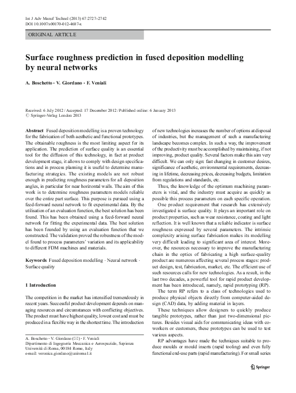 (PDF) Surface roughness prediction in fused deposition modelling by neural networks