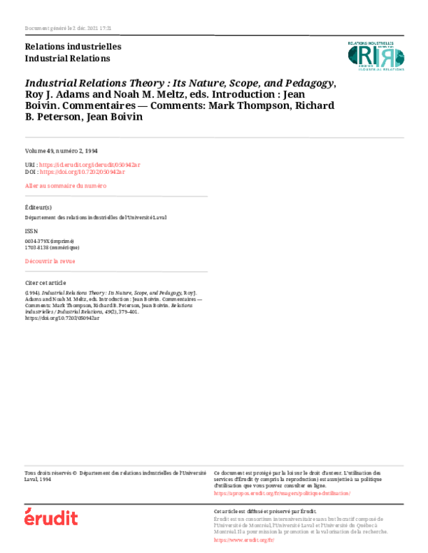 (PDF) Industrial Relations Theory: Its Nature, Scope, and Pedagogy