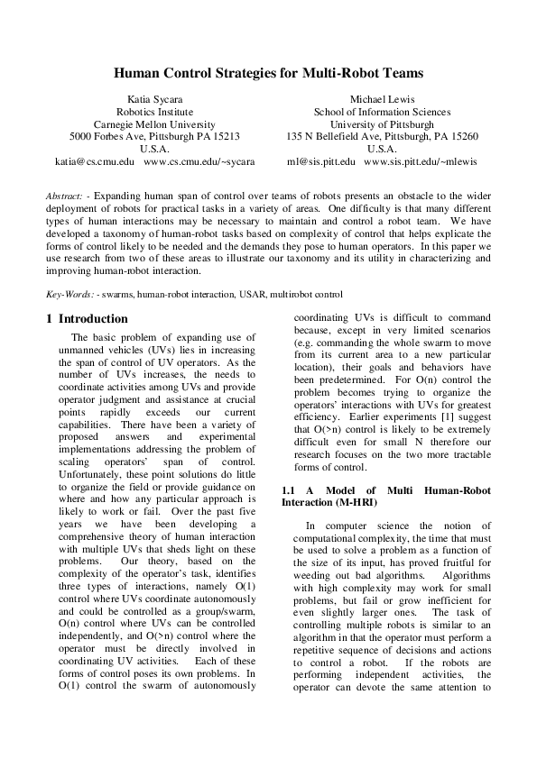 Pdf Human Control Strategies For Multi Robot Teams 