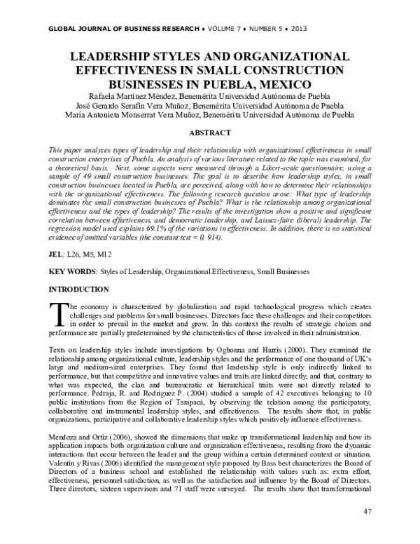 (PDF) Leadership Styles and Organizational Effectiveness in Small ...