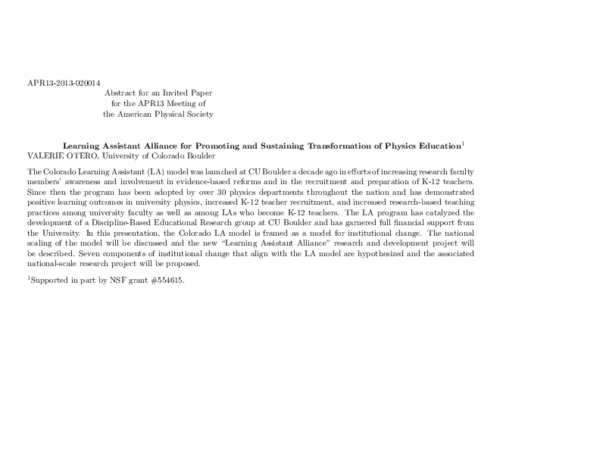 (PDF) Learning Assistant Alliance for Promoting and Sustaining ...