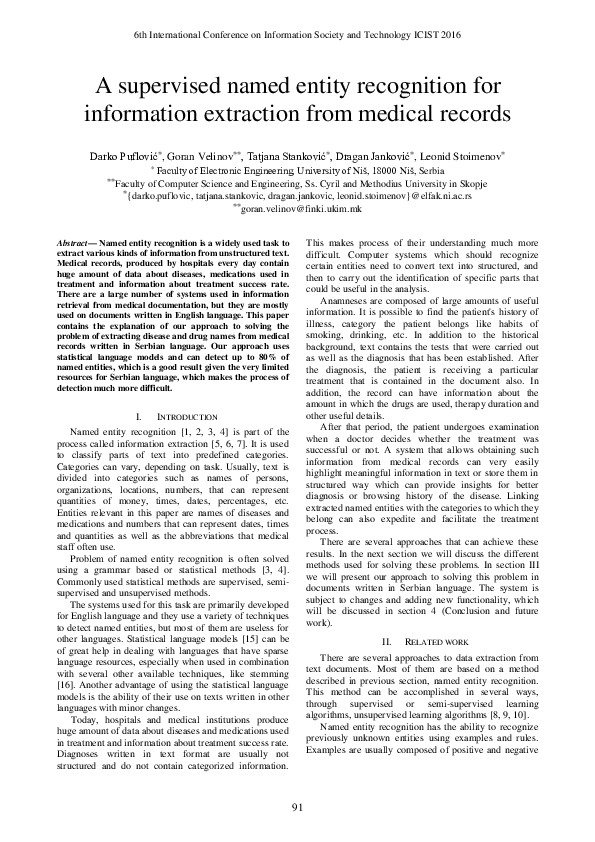 (PDF) A supervised named entity recognition for information extraction from medical records
